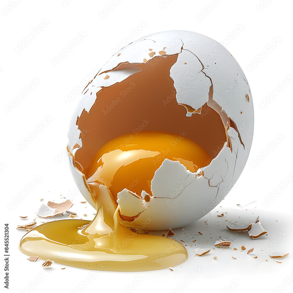 Cracked Egg with Yolk Spilling Out on White Background - High ...