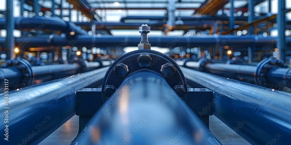 Pipeline pipe rack in industrial plant distributing liquid along pipes ...