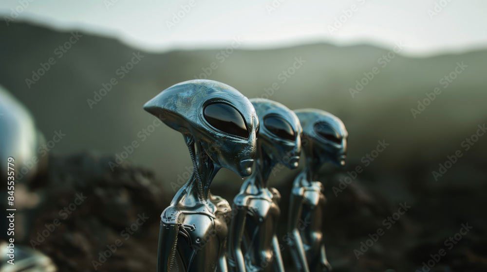 3d chrome futuristic metal group of aliens. Retro 80s 90s y2k UFO. Ai ...