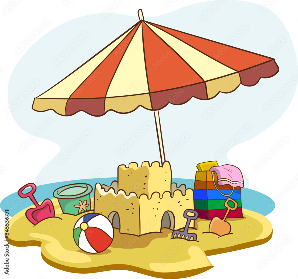 Cartoon sand castle, bucket and shovel at sea beach. Sand tower with ...