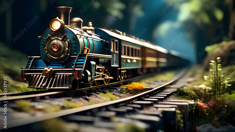 Foto de toy train is on a track in the woods, A vintage train set on an ...