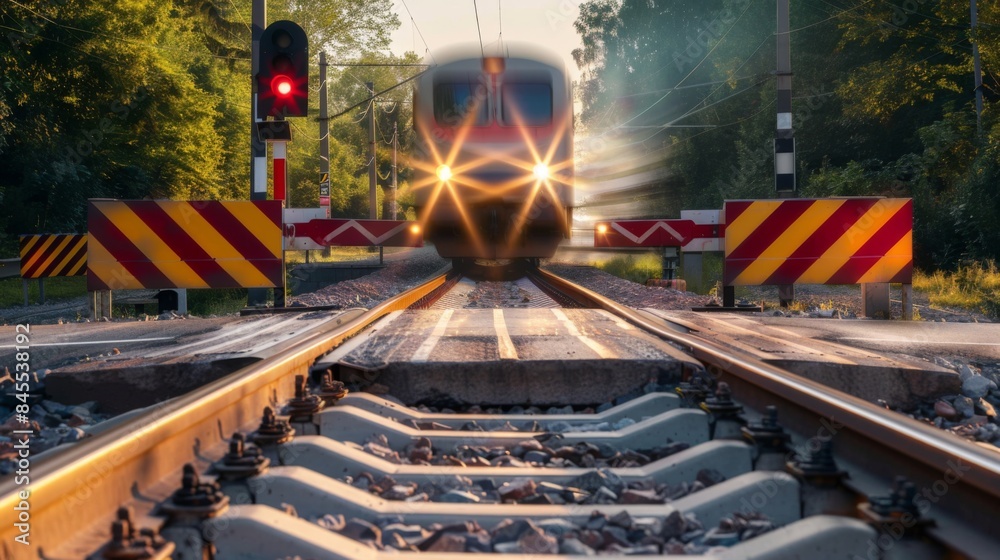 Train approaching a railway crossing with barriers down and warning ...