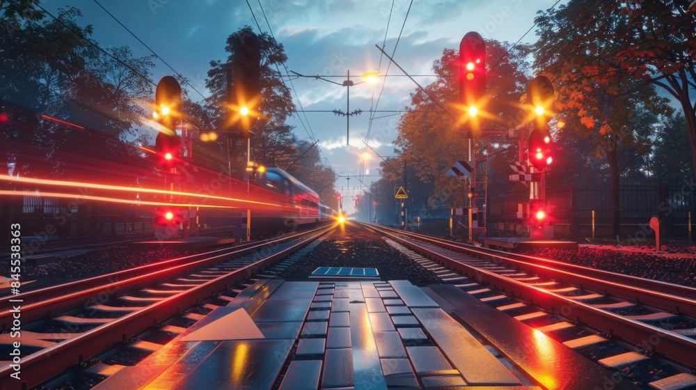 Train approaching a railway crossing with barriers down and warning ...