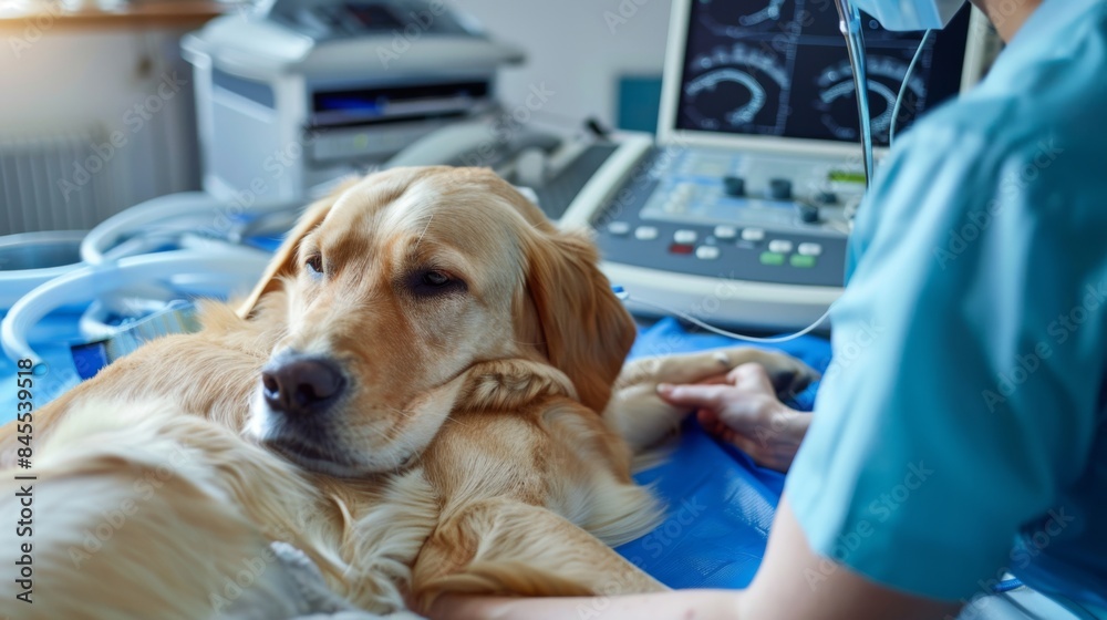 Veterinarian conducting an ultrasound scan on a pregnant dog to check ...