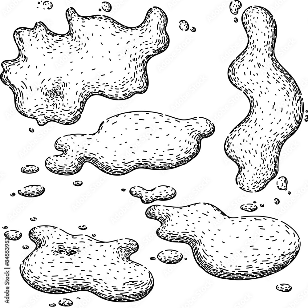 water puddle set hand drawn. spill isolated, rain wet, splatter pool ...