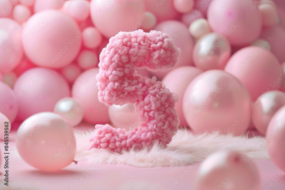 Pink, girlish and fluffy number five with blurred balloons on the ...
