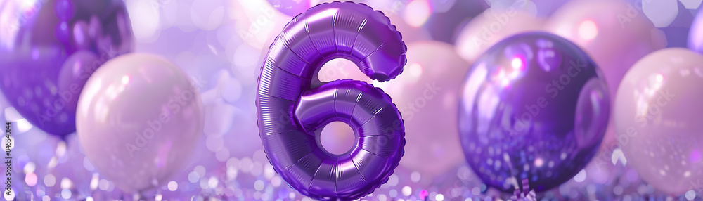 Vibrant, purple and glossy number six with blurred balloons on the ...