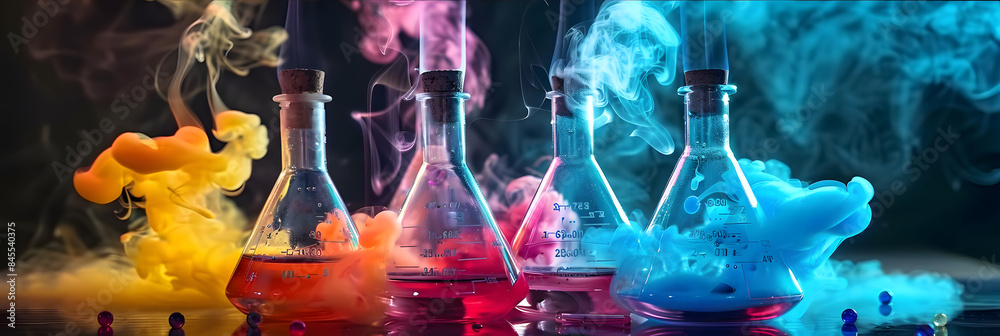 Colorful chemistry experiment with smoke in test tube and glass bottle ...