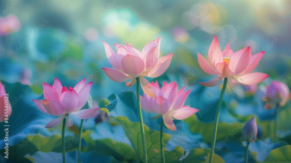 Vibrant lotus flowers swaying gently in the breeze, creating a ...