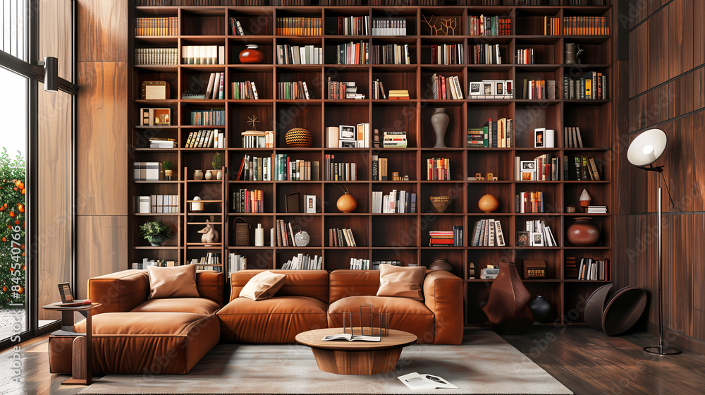 Mockup of wooden bookshelf in front view, full of books and decorations ...