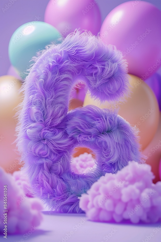 Vibrant, purple and fluffy number six with blurred balloons on the ...