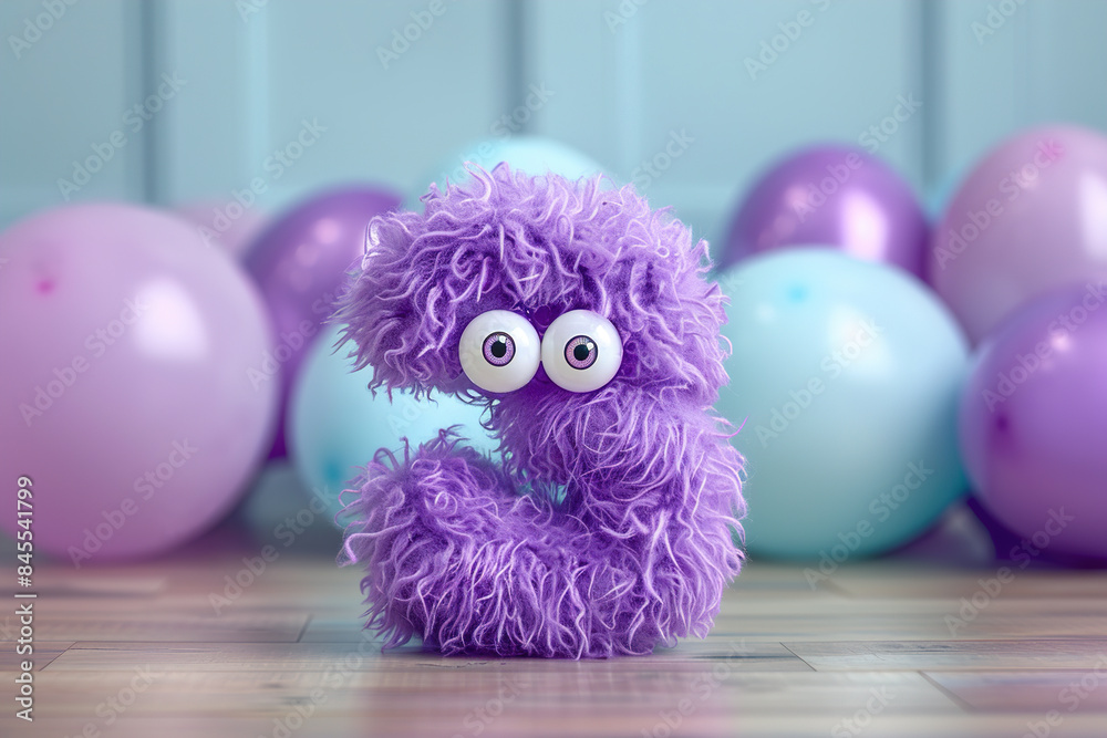Vibrant, purple and fluffy number three with blurred balloons on the ...