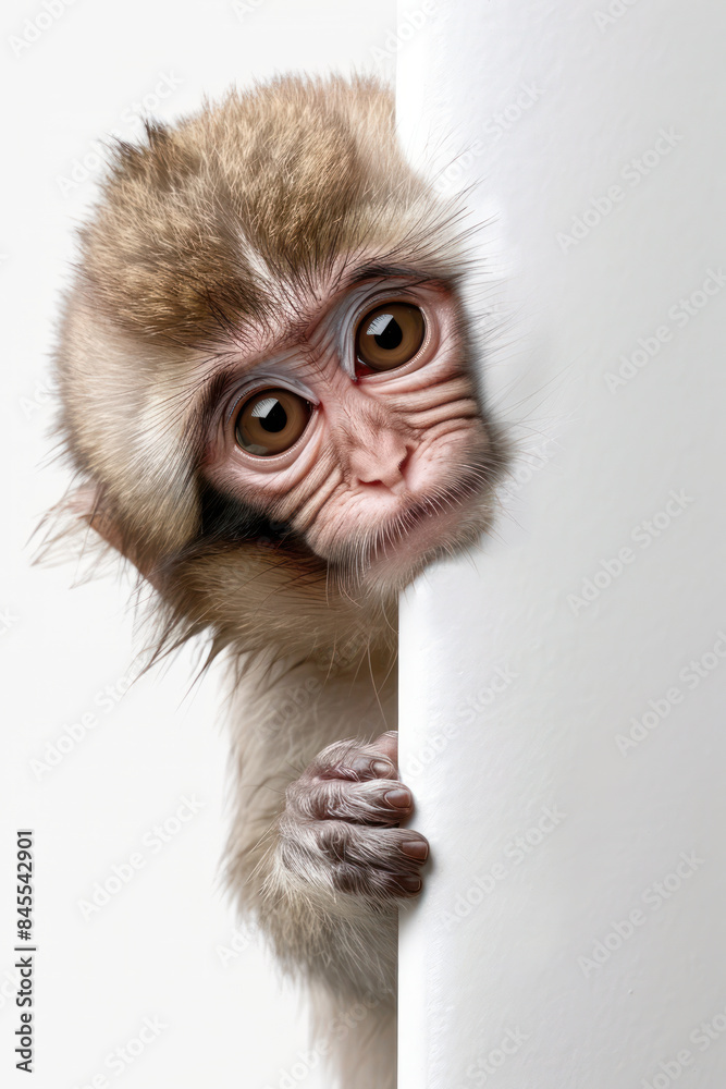 Curious Young Monkey Peeking Around Corner, Close Up of Adorable Primate with Big Eyes ...