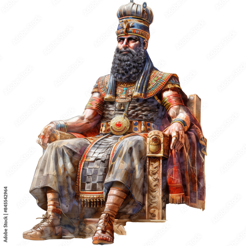 Ancient Mesopotamian King Sitting on Throne in Traditional Attire Stock Illustration | Adobe Stock