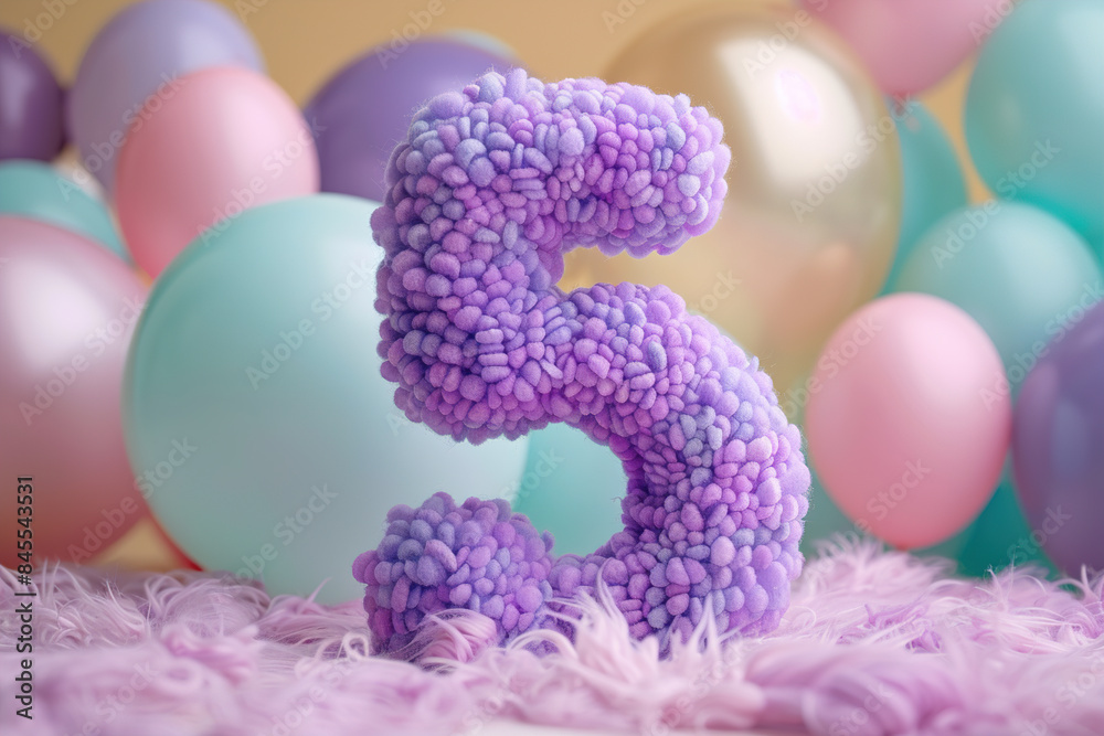 Vibrant, purple and fluffy number five with blurred balloons on the ...