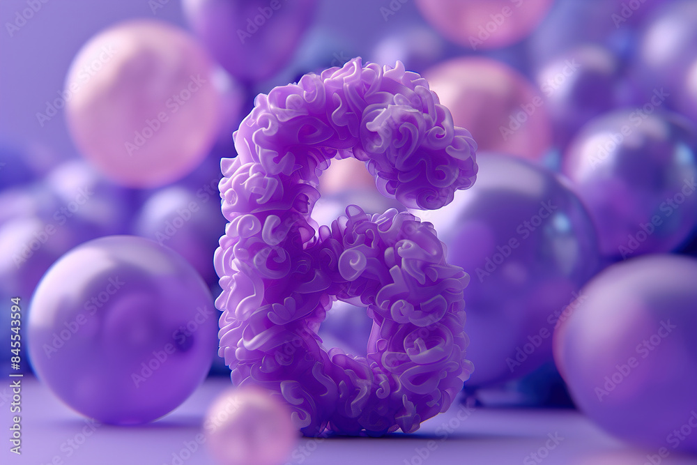Vibrant, purple and fluffy number six with blurred balloons on the ...