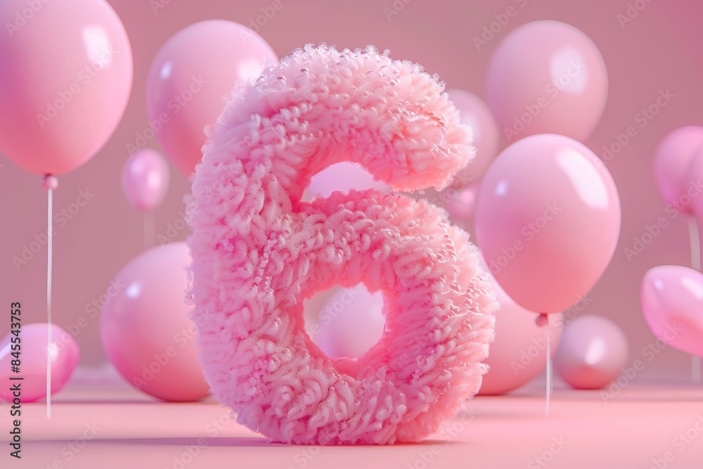 Pink, girlish and fluffy number six with blurred balloons on the ...