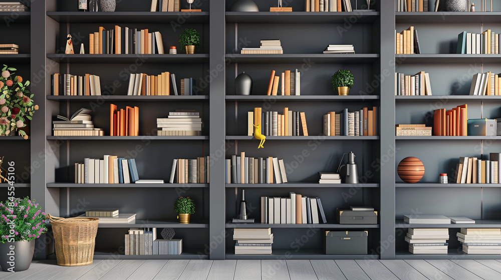 Mockup of bookshelf in front view, full of books and decorations in ...