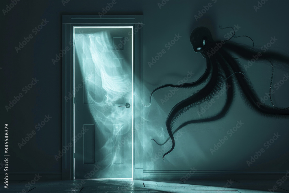 A simple door with a single beam of light shining through it, with ...