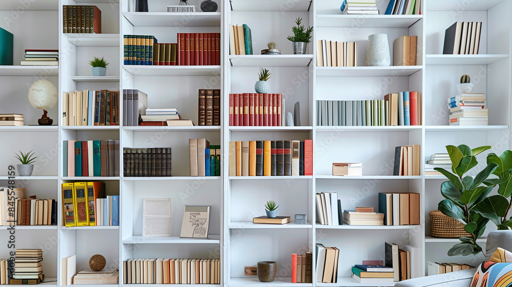 Mockup of bookshelf in front view, full of books and decorations in ...