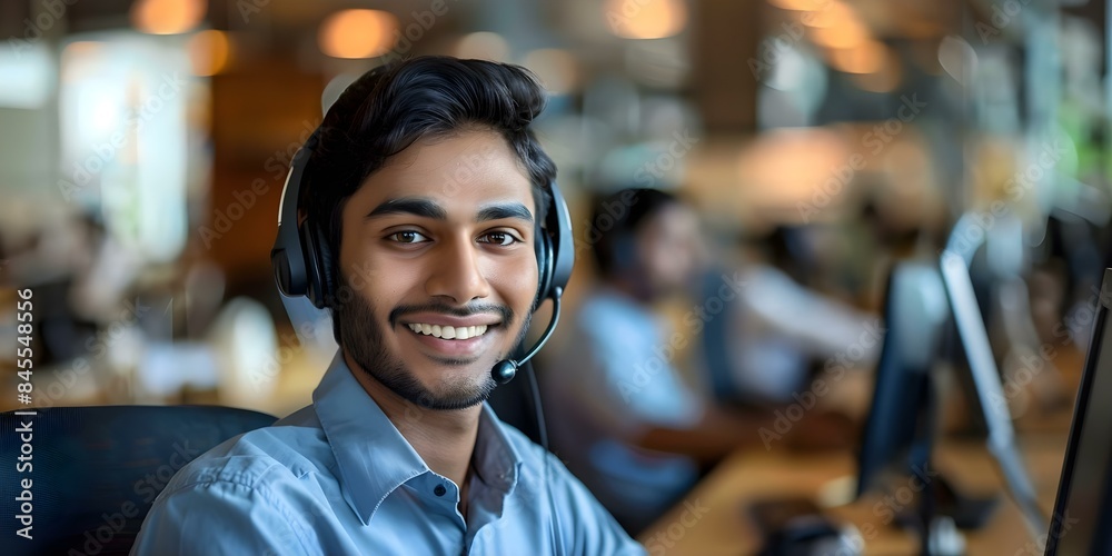Indian man in headset assisting customer in call center with blurred ...