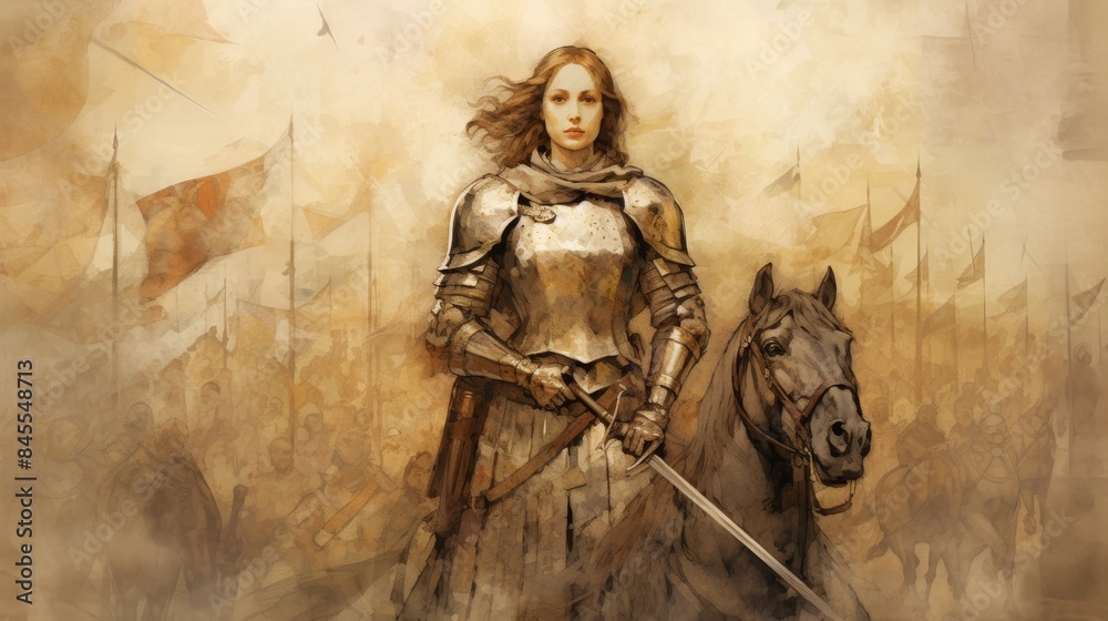 The painting of St. Joan of Arc in Armor Leading Army with Banner of ...