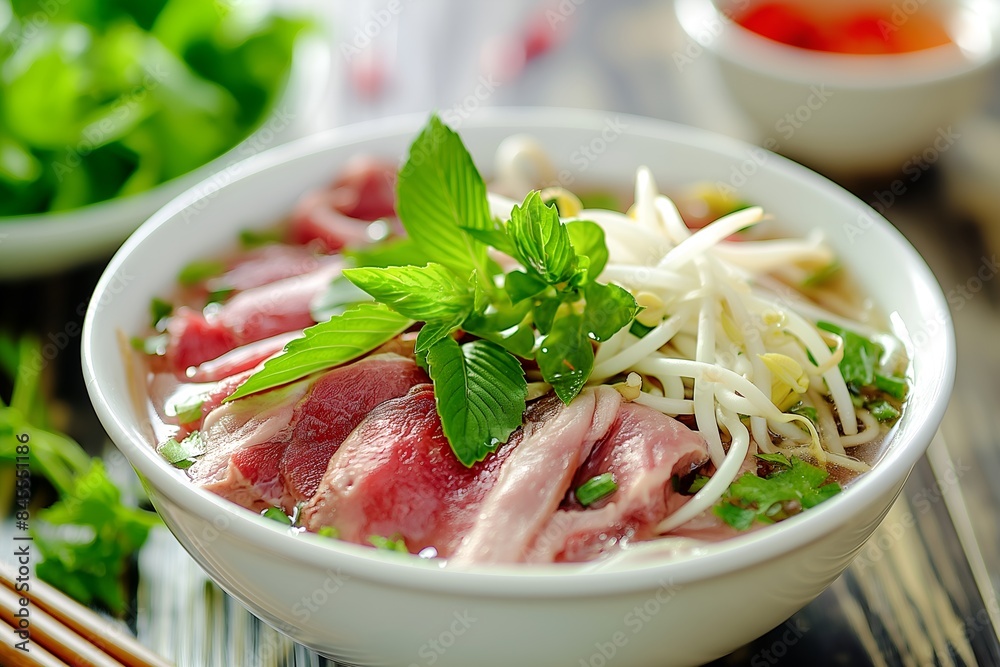 Close-Up Bowl Of Pho With Rare Beef Slices, Bean Sprouts, And Fresh ...