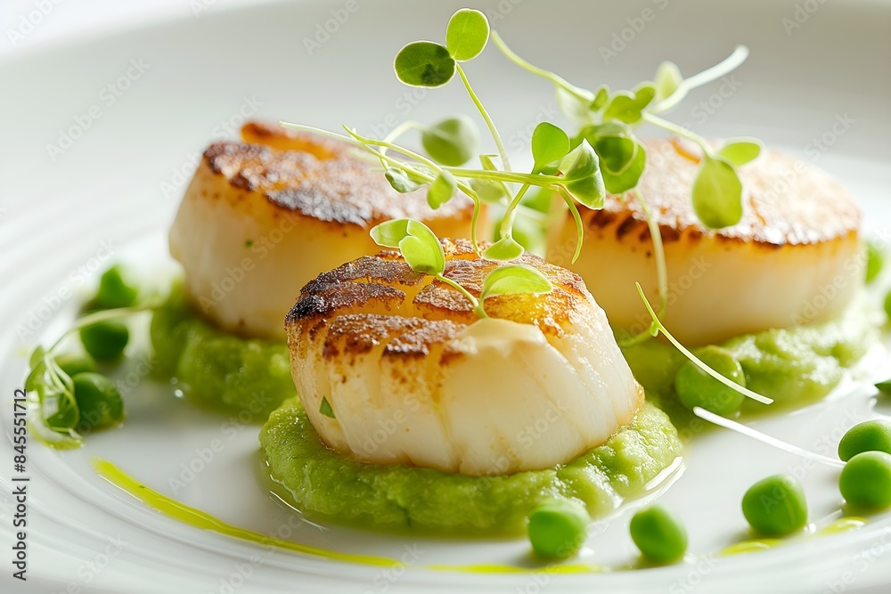 Close-Up Delicious Delicate Plate Of Seared Scallops With Pea Puree And ...