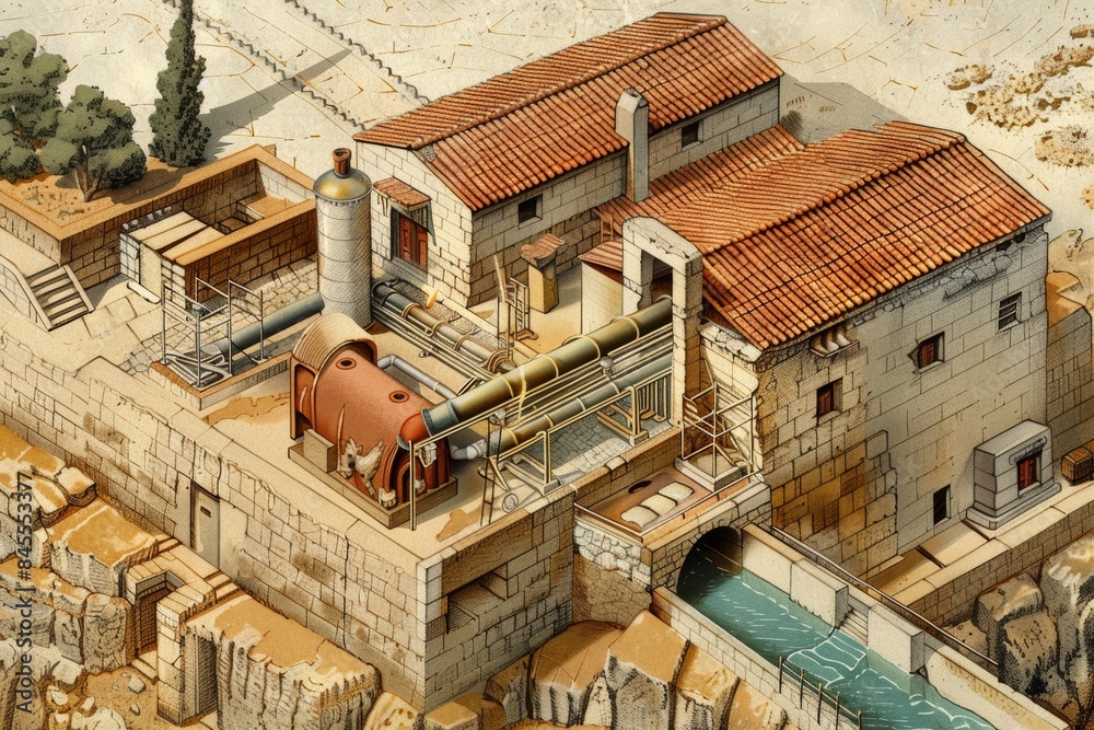 Detailed Diagram of Ancient Greek Plumbing System Illustrating Early ...