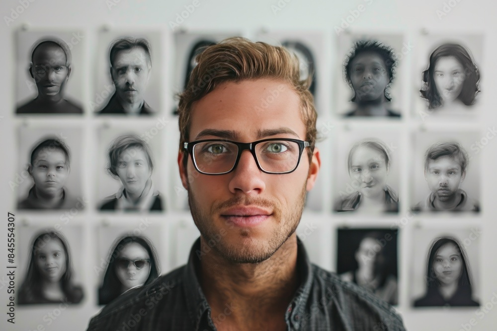 Serious man behind layered ID cards, identification photo, passport ...