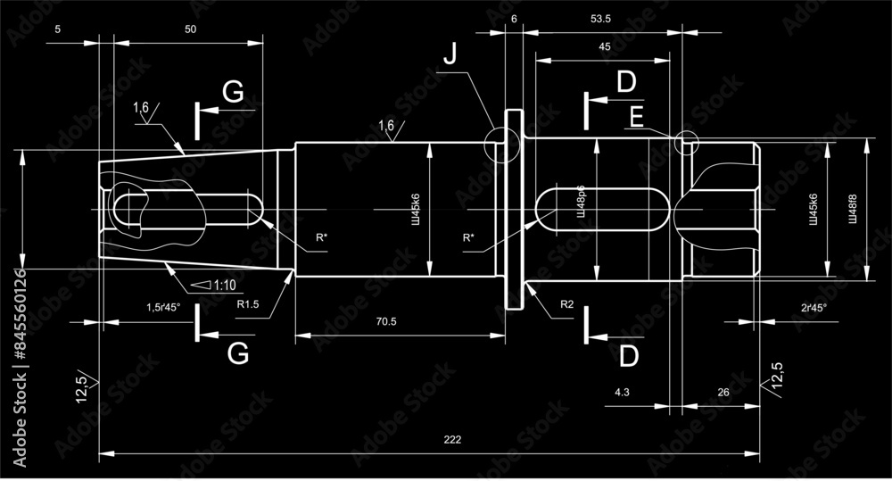 Vector engineering cad drawing of a mechanical part (steel shaft) with ...