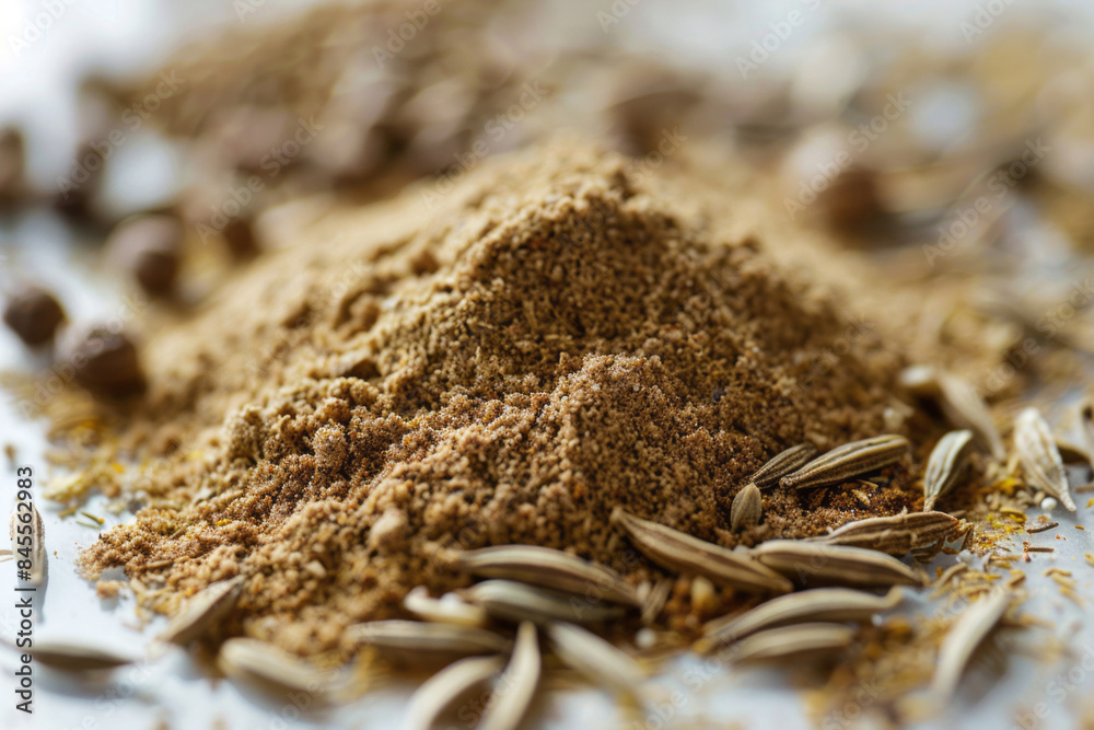 Ground cumin seeds, referred to as jubilee powder, on a white backdrop ...