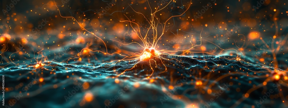 A computer generated image of a sea of glowing neurons. The image is a ...