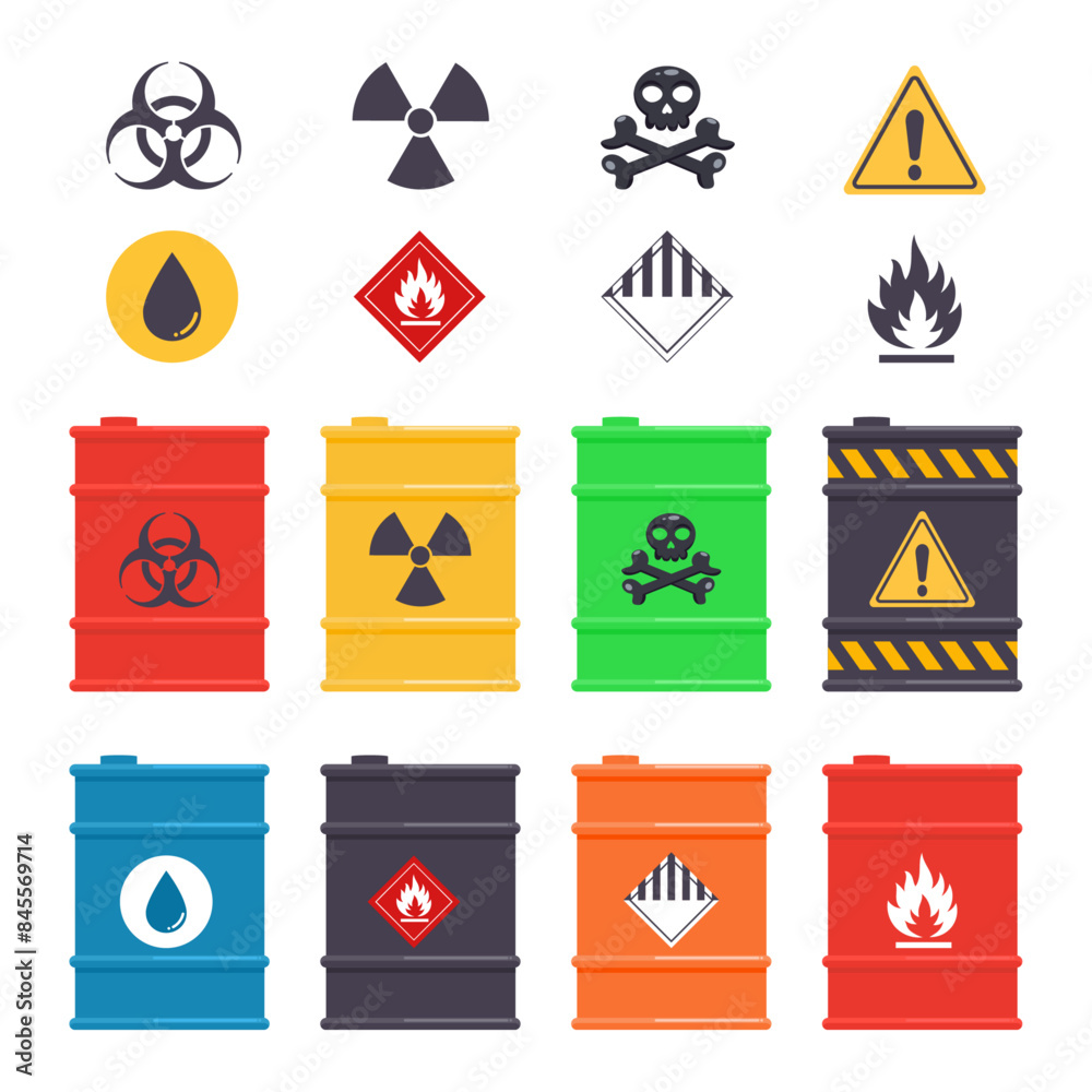 Toxic waste chemical barrels and symbol icon graphic set Stock Vector ...