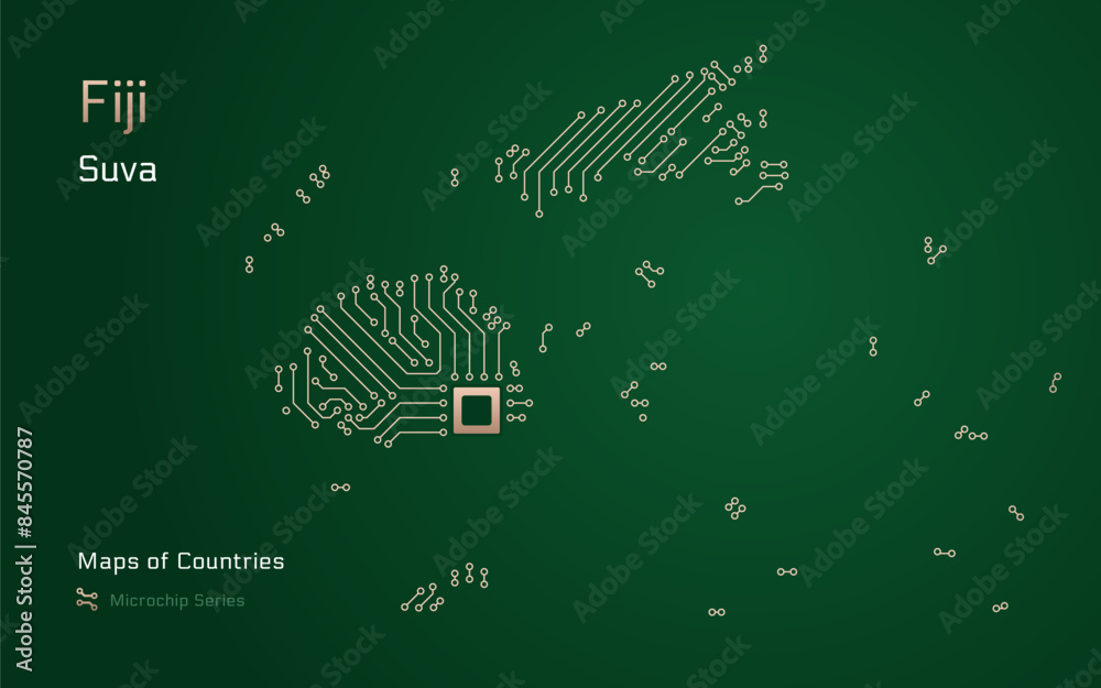 Fiji Map with a capital of Suva Shown in a Microchip Pattern with ...