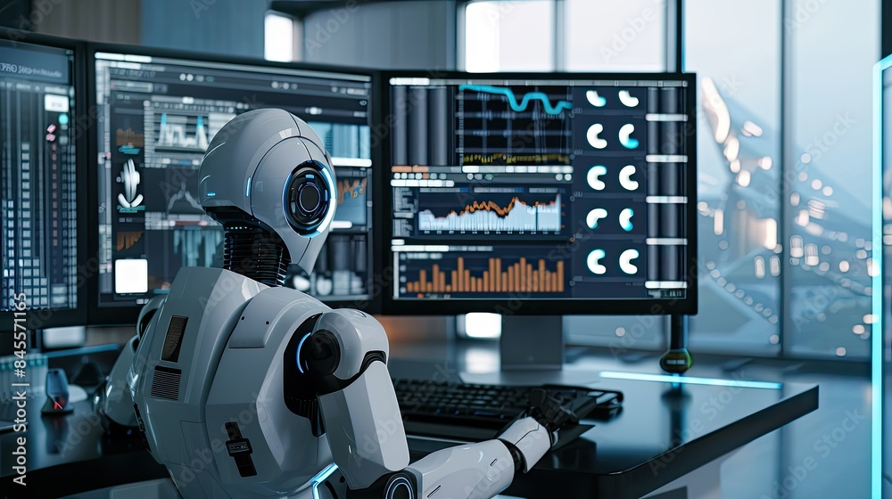 Robot assistant managing spreadsheets on a dual-monitor setup in a ...