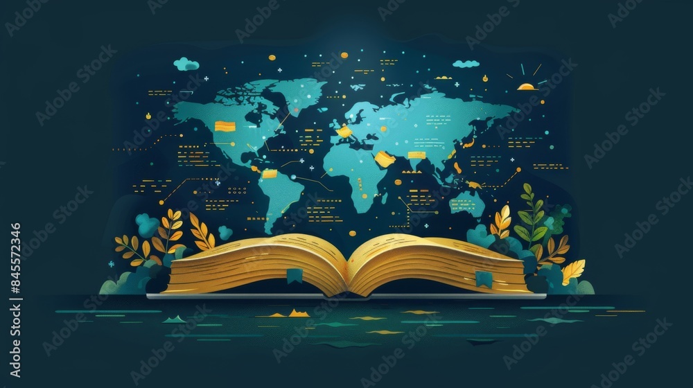 open book with multiple languages flowing from its pages, a sleek ...