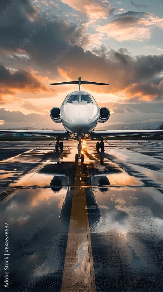 Corporate Jet Ready for Takeoff on Runway at Sunset Reflecting in ...