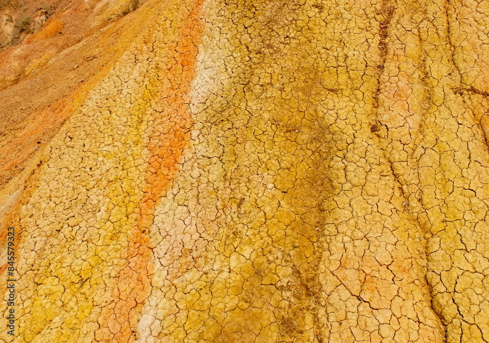 Northern Kyrgyzstan. The unusual texture of red-yellow clay rocks in ...