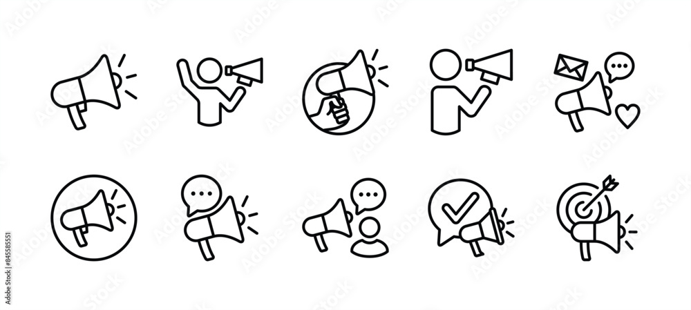 Megaphone or loudspeaker thin line icon set. Containing advertising ...