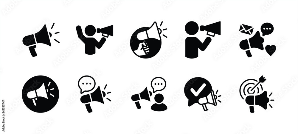 Megaphone or loudspeaker icon set. Containing advertising, promotion ...