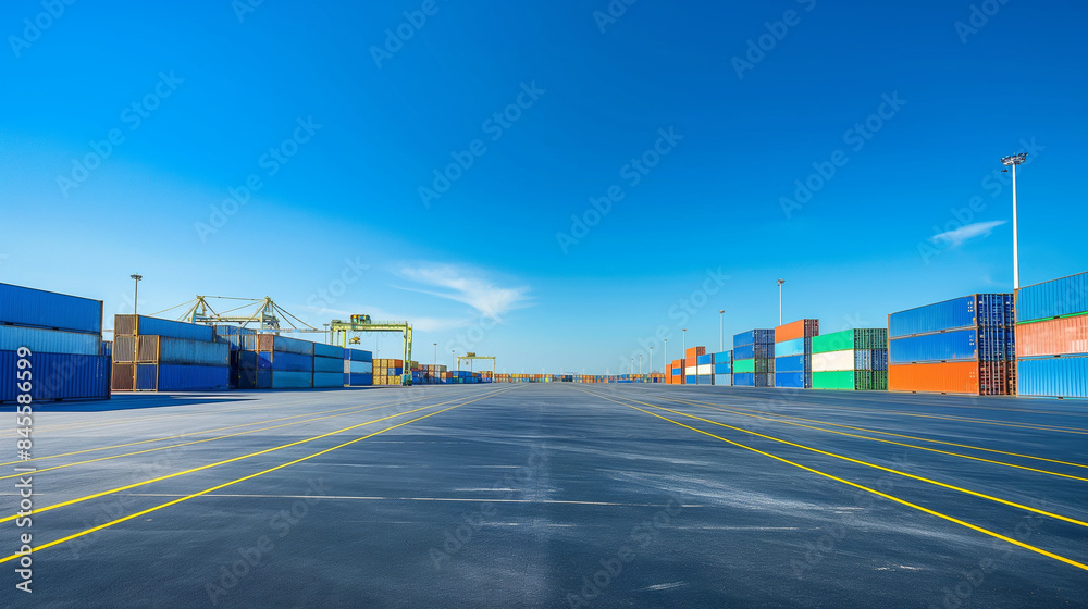 Container yard with a clear blue sky and ample ground space, focusing ...