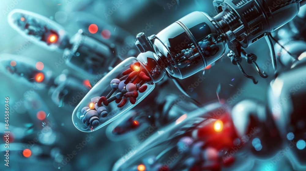 A futuristic scene depicting nanorobots delivering drugs to repair ...