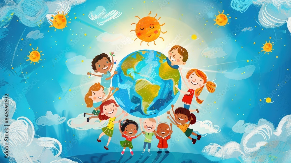 Cartoon characters holding hands around the Earth with a bright ozone ...