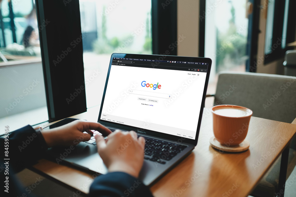 Bangkok. Thailand. JUNE 13,2024 :A woman is typing on Google search ...
