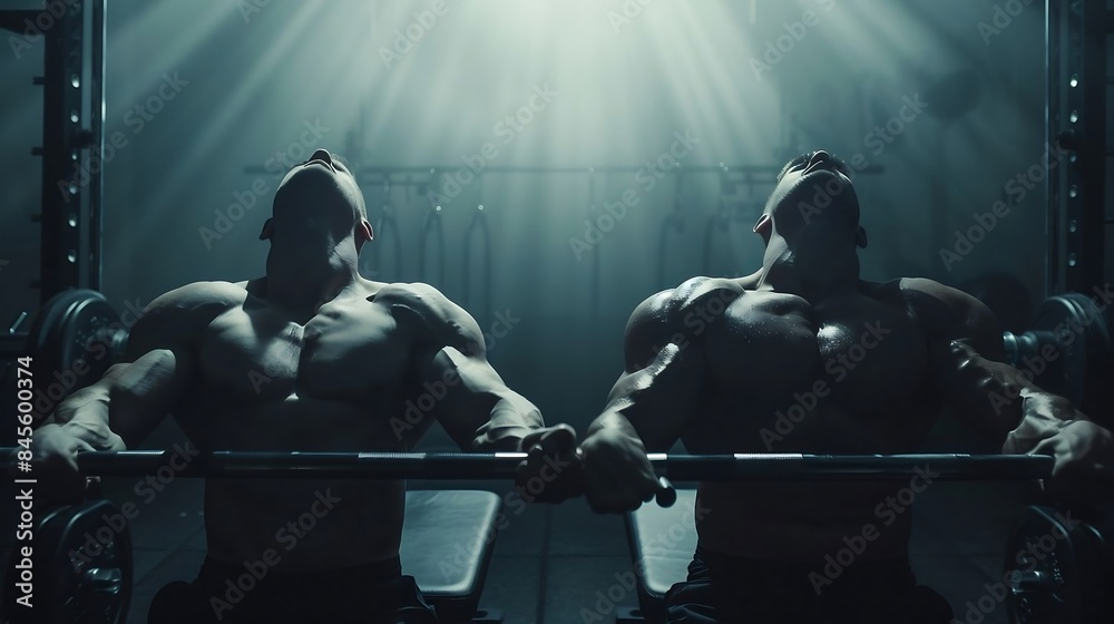 Two gym buddies spot each other in the bustling gym, surrounded by the ...