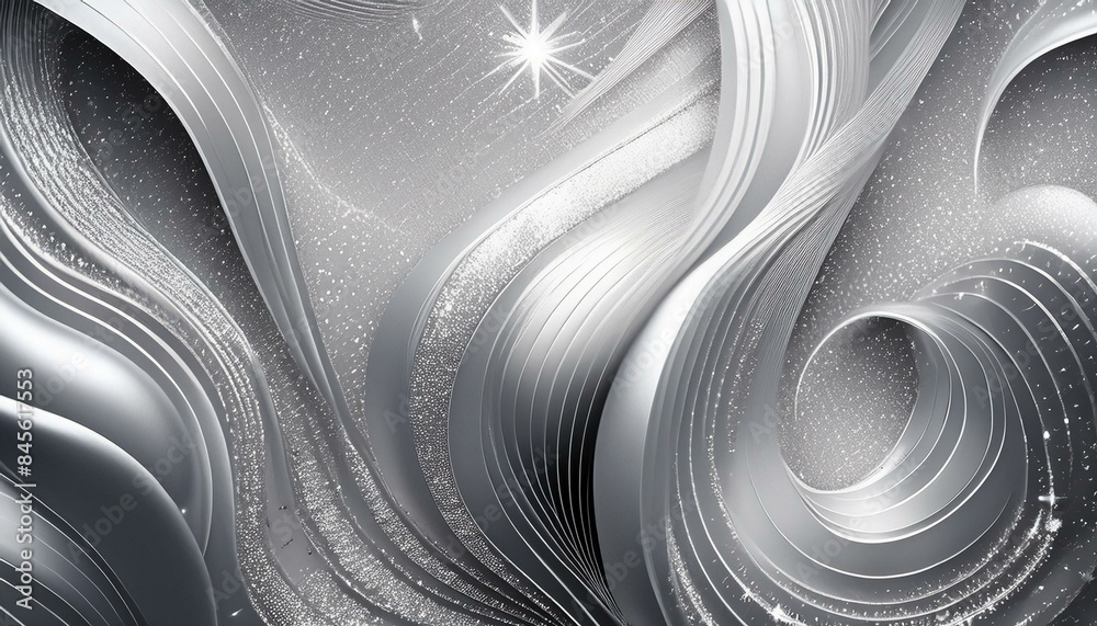 Abstract sparkling silver glitter background with curved lines, shapes ...