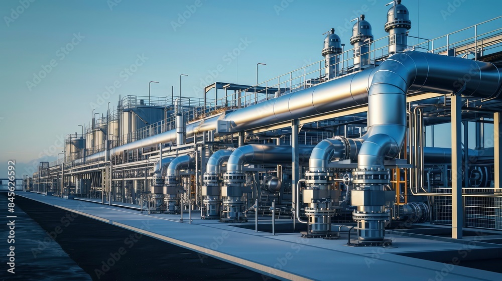 Capture the essence of a sprawling transport gas pipeline factory ...