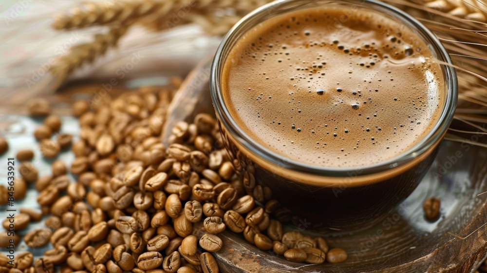 Golden Glow: Barley Coffee Close-Up with Natural Elements. A cup of ...