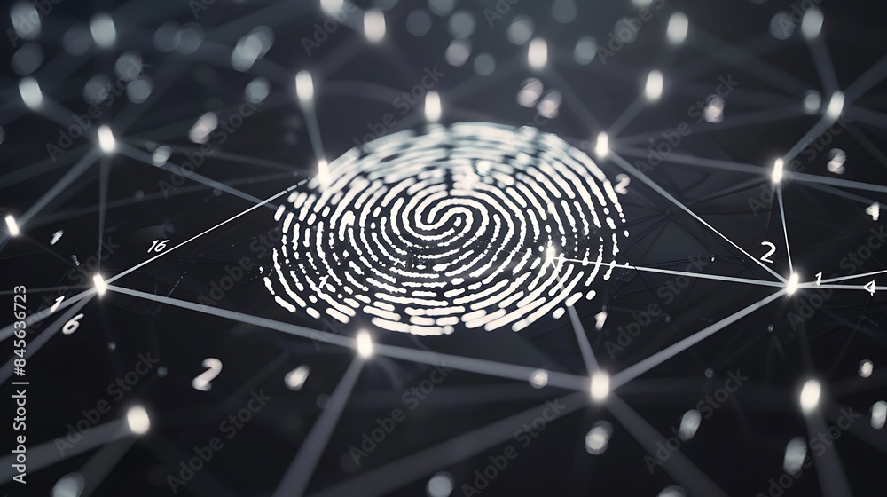 Fingerprint logo centered into information connecting lines on black ...